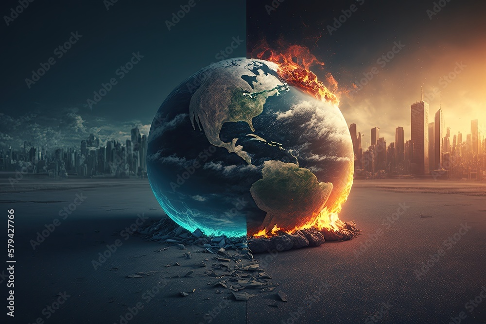 Conceptual of climate change and global warming with melting icebergs ...