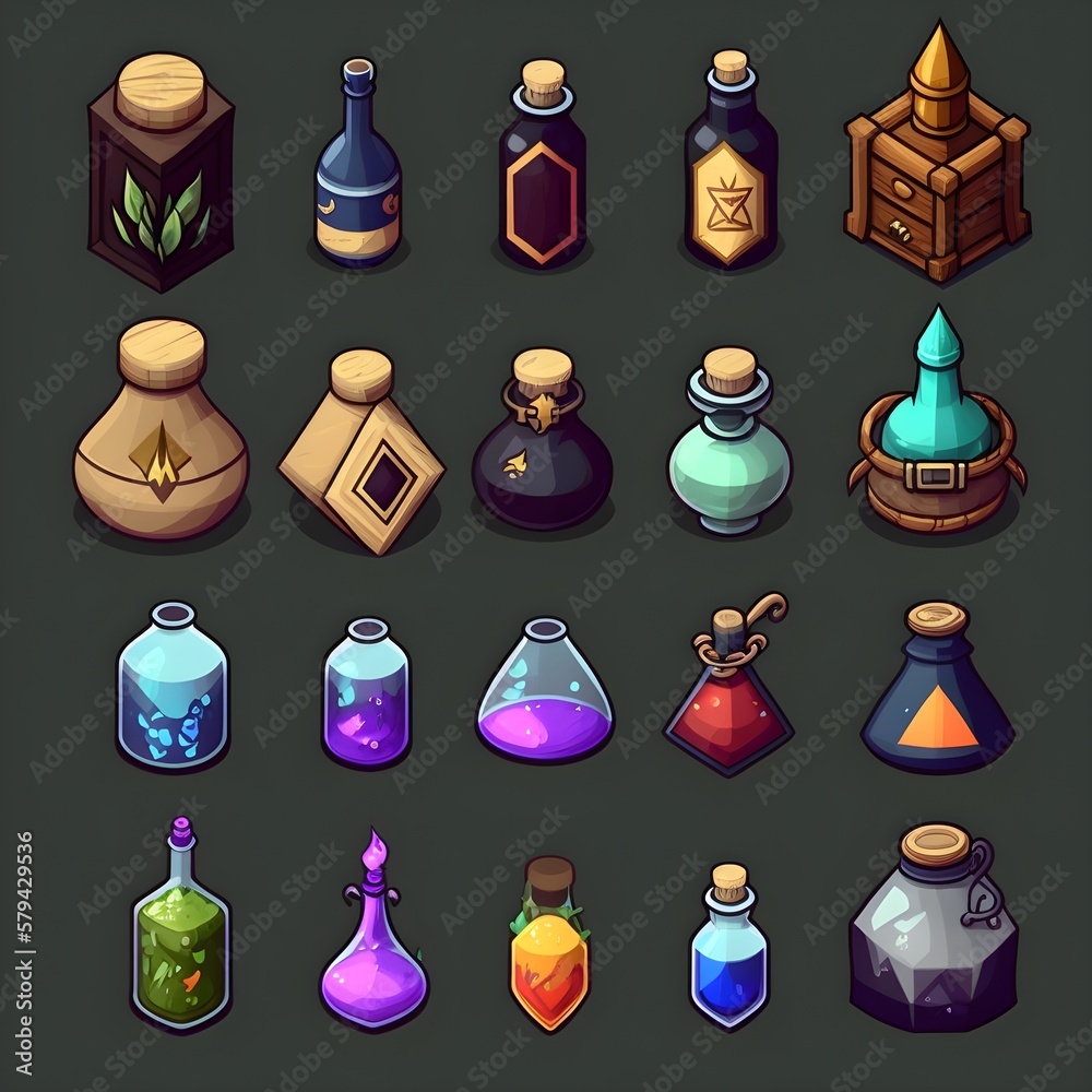 Stock-Illustration „Set of RPG game icons, sprite sheet of magic ...