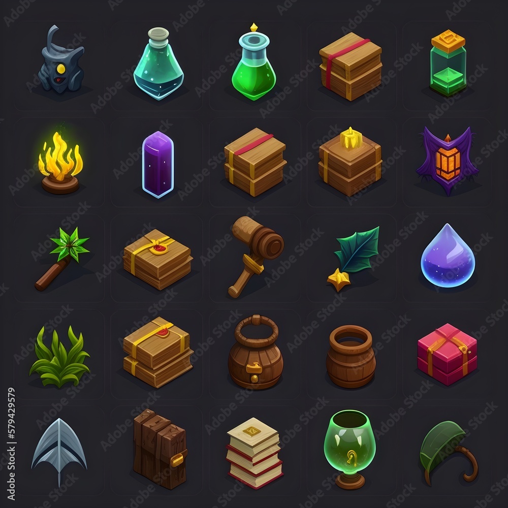 Stock-Illustration „Set of game icons, square magic spell sprite icons ...