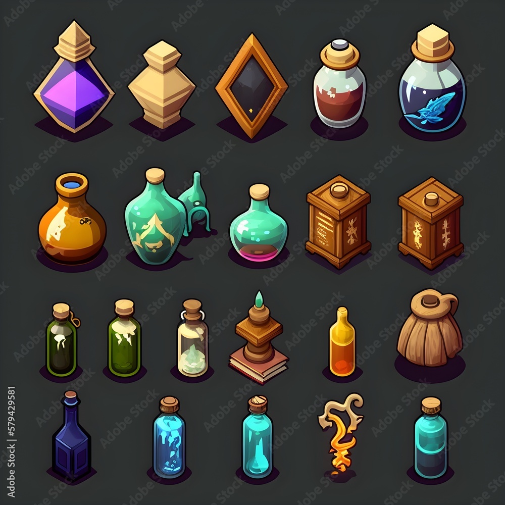 Set of RPG game icons, sprite sheet of magic potions, generative ai, 2d ...