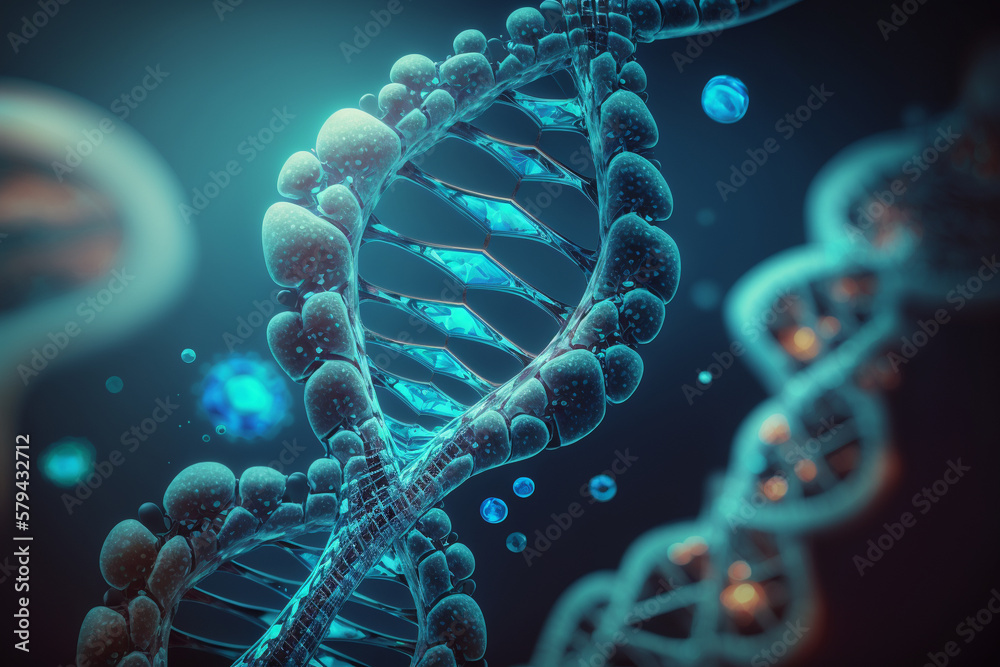 Concept of human DNA details view under the microscope. Blue helix ...