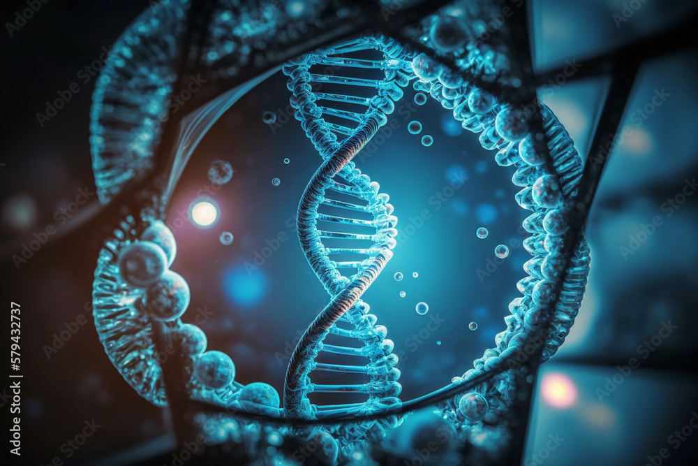 Concept of human DNA details view under the microscope. Blue helix ...