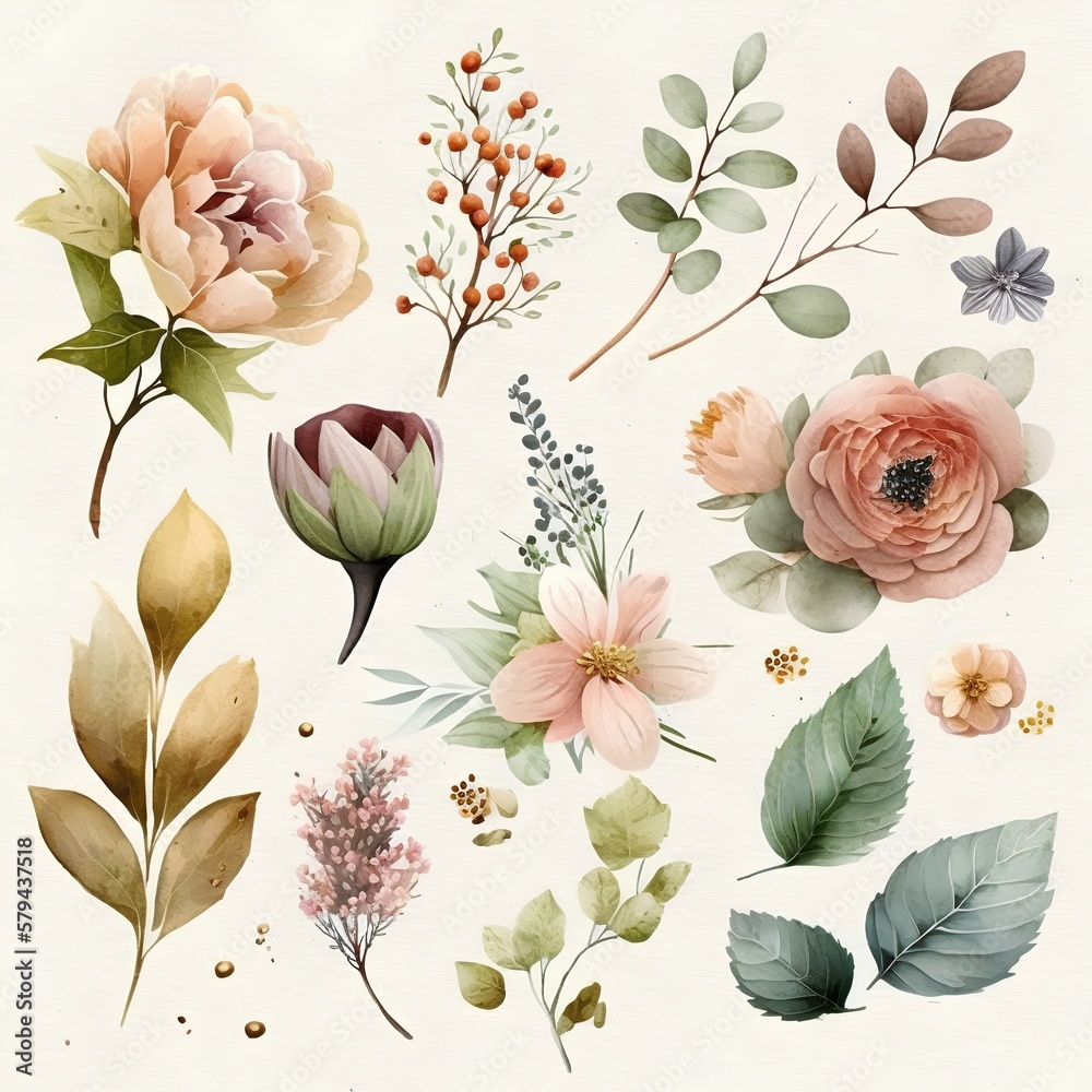 Watercolor floral clip art featuring various colorful flowers and ...