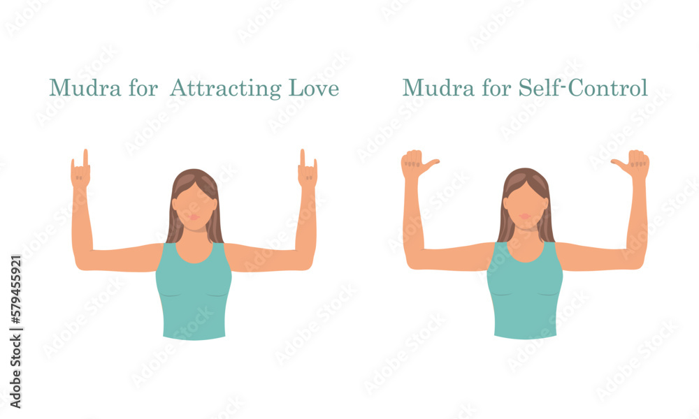 Young woman making mudra gesture, 2 mudras, mudra for attracting love ...