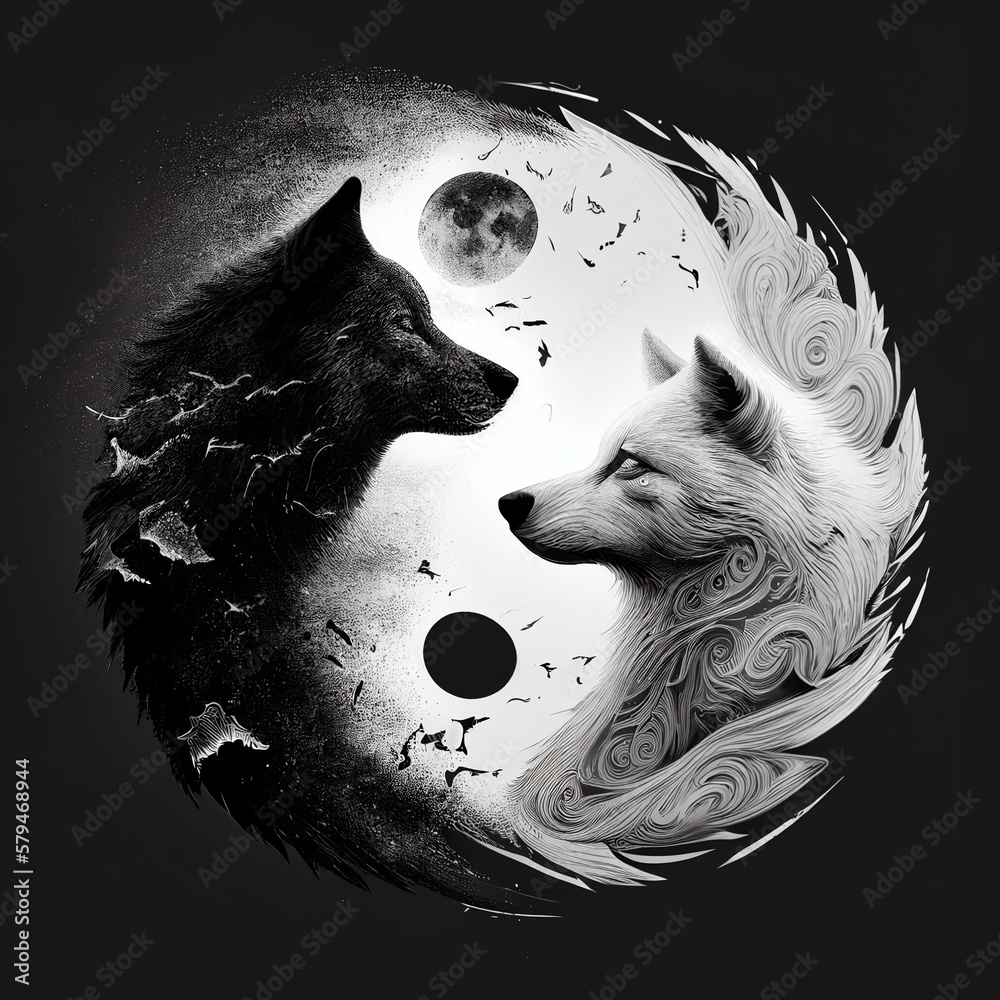 yin and yang, black and white wolves, indian symbol, iconic, spiritual ...