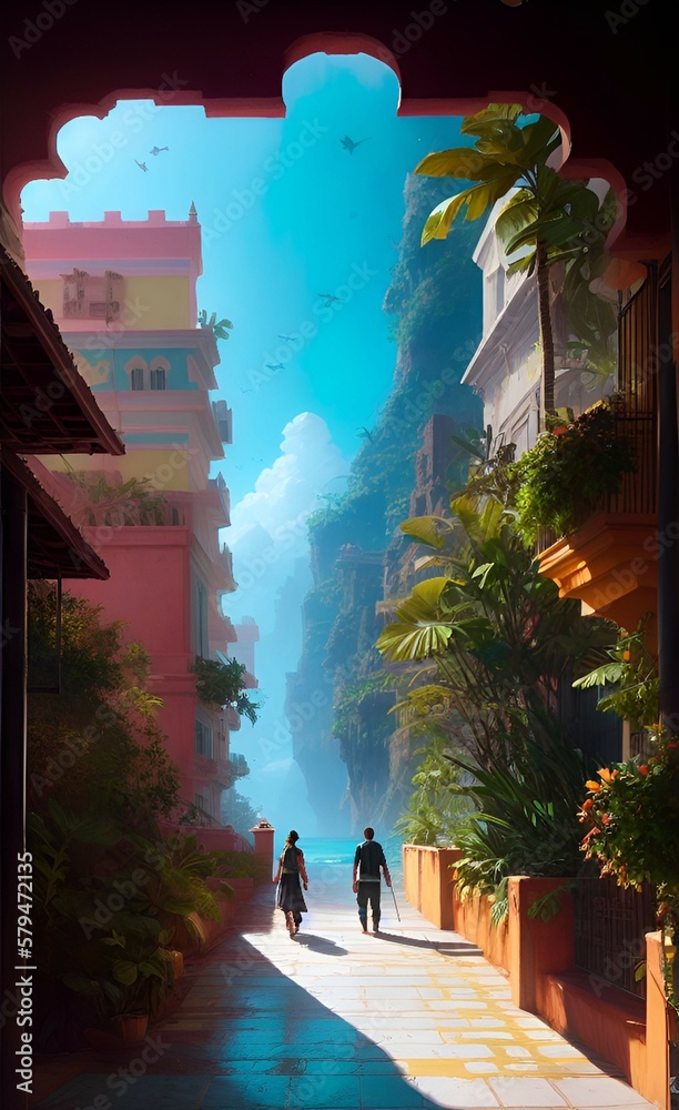 Generative AI reveals people strolling in a tropical paradise. Blissful ...