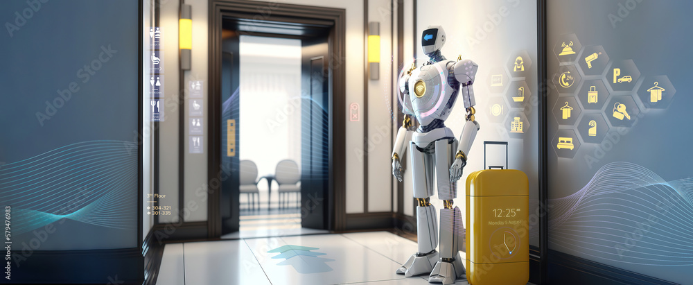 wide banner of robot butler or room service delivering bags to hotel ...