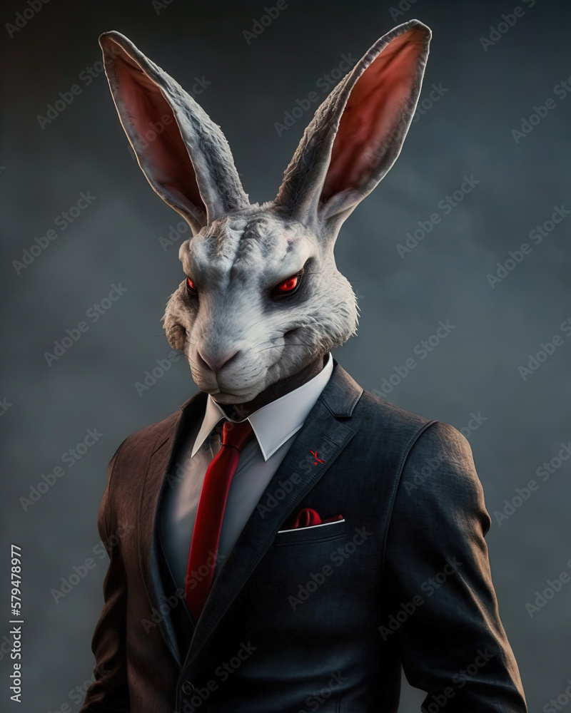 anthro white rabbit, red eyes, evil face, black business suit, full ...