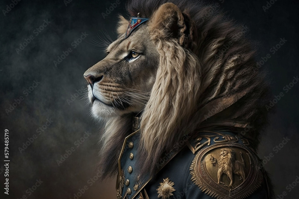 Lion dressed in military uniform as a general or soldier. Powerful ...