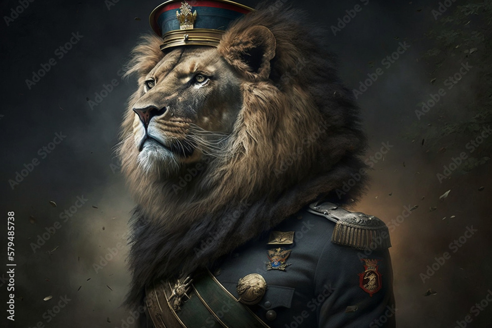 Lion dressed in military uniform as a general or soldier. Powerful ...