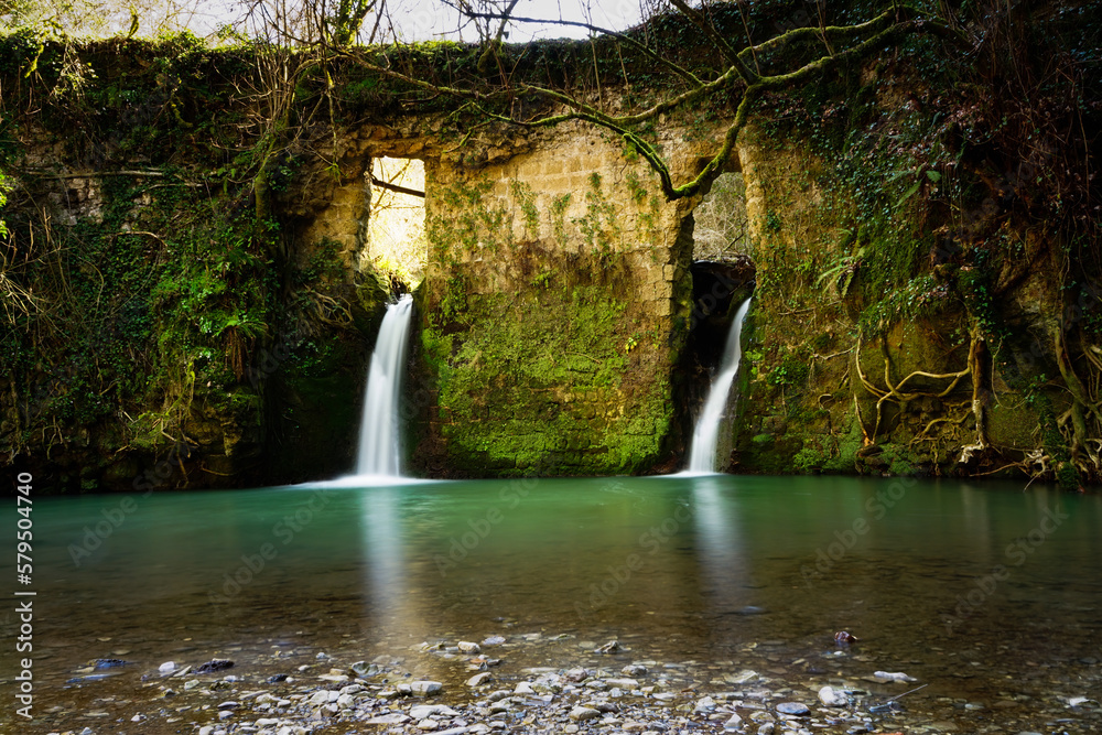 Waterfalls over the ancient grindstone of Biedano gorges, Barberano ...