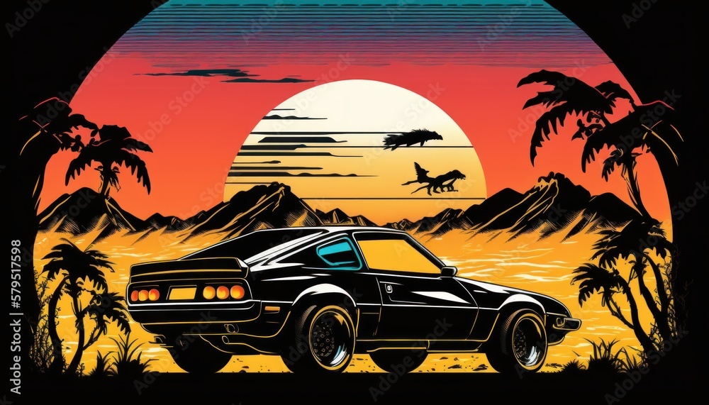 Summer vibes 90s style illustration of a sunset, retro style ...