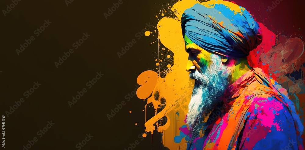 Modern abstract painting of Guru Nanak. Poster with copy space for ...