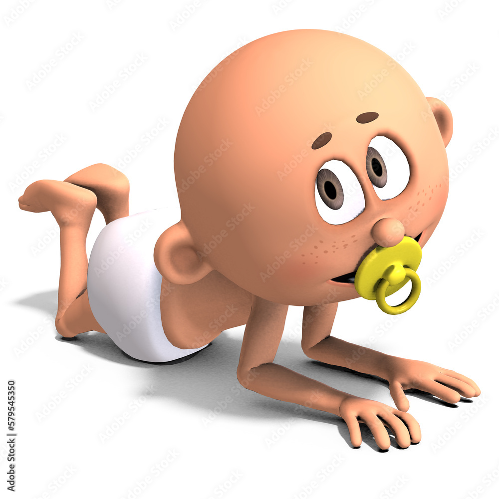 3D-illustration of a cute and funny cartoon baby with a diaper and a ...