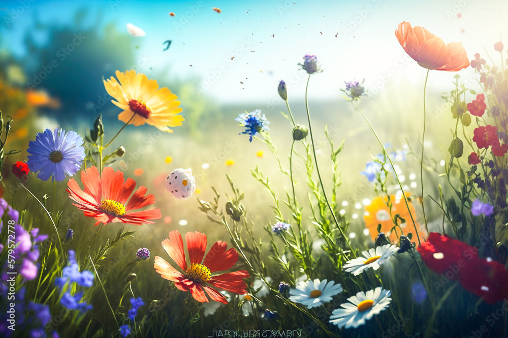 Paysage de printemps ensoleillé, arrière plan printanier avec herbe et ...