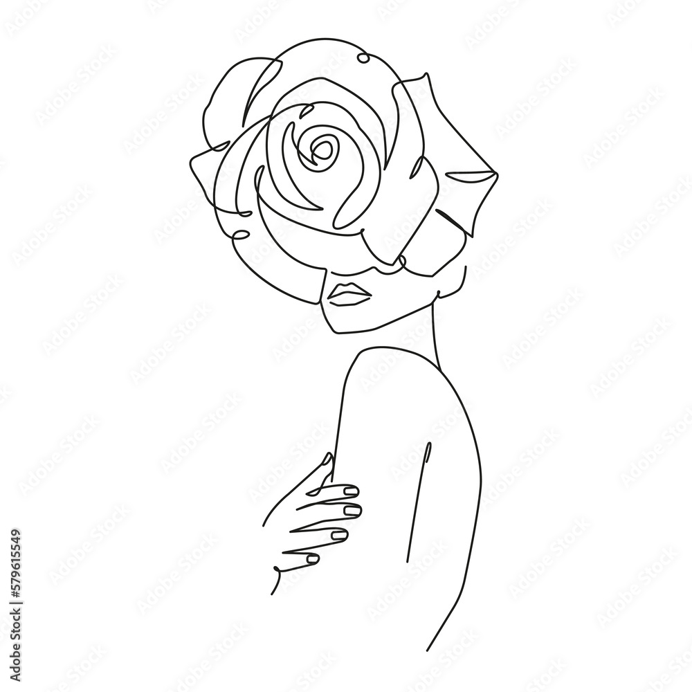 Vector de Stock Woman Face with Rose Flower One Line Drawing. Female ...