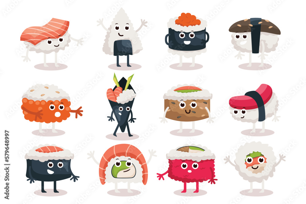 Sushi characters vector set icons concept without people scene in the ...