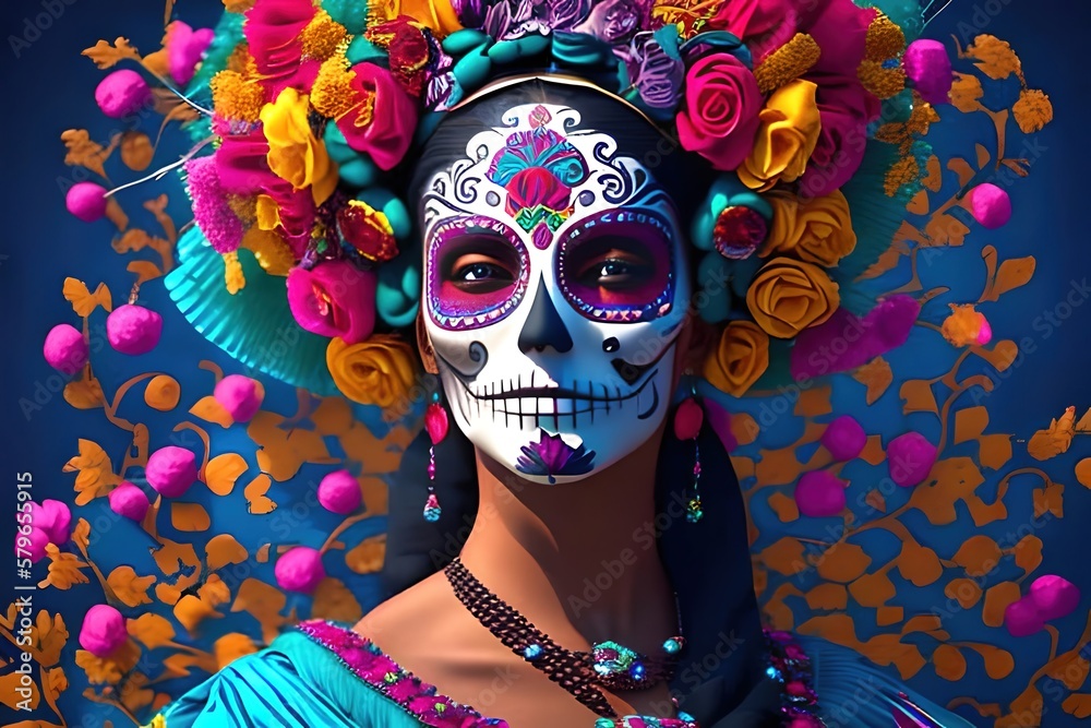 Beautiful Catrina for the day of the dead with flowers. Garbancera ...