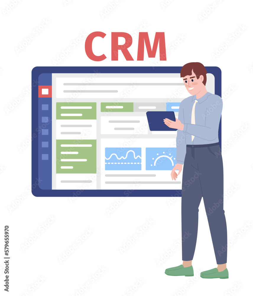 Salesman measuring CRM effectiveness flat concept vector spot ...