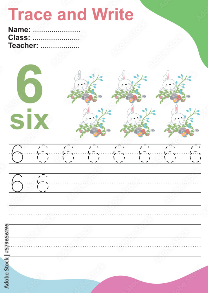 Vector de Stock Number six tracing practice worksheet with 6 rabbits ...