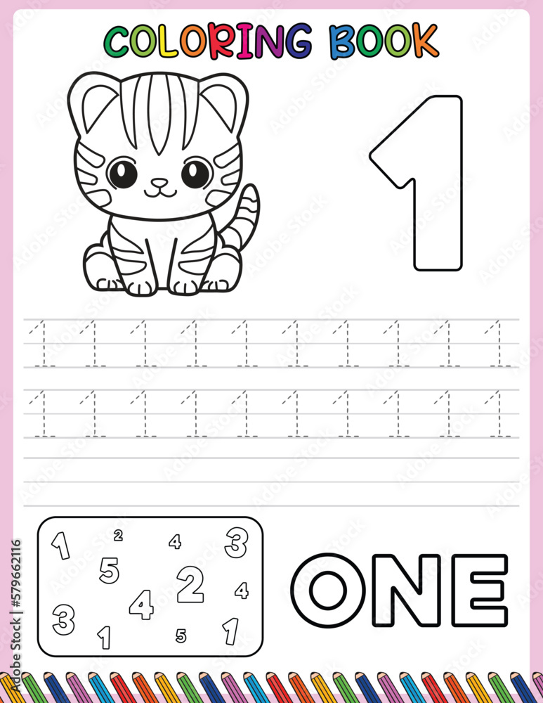 Animals cartoon. Number trace worksheet for kids and coloring book ...