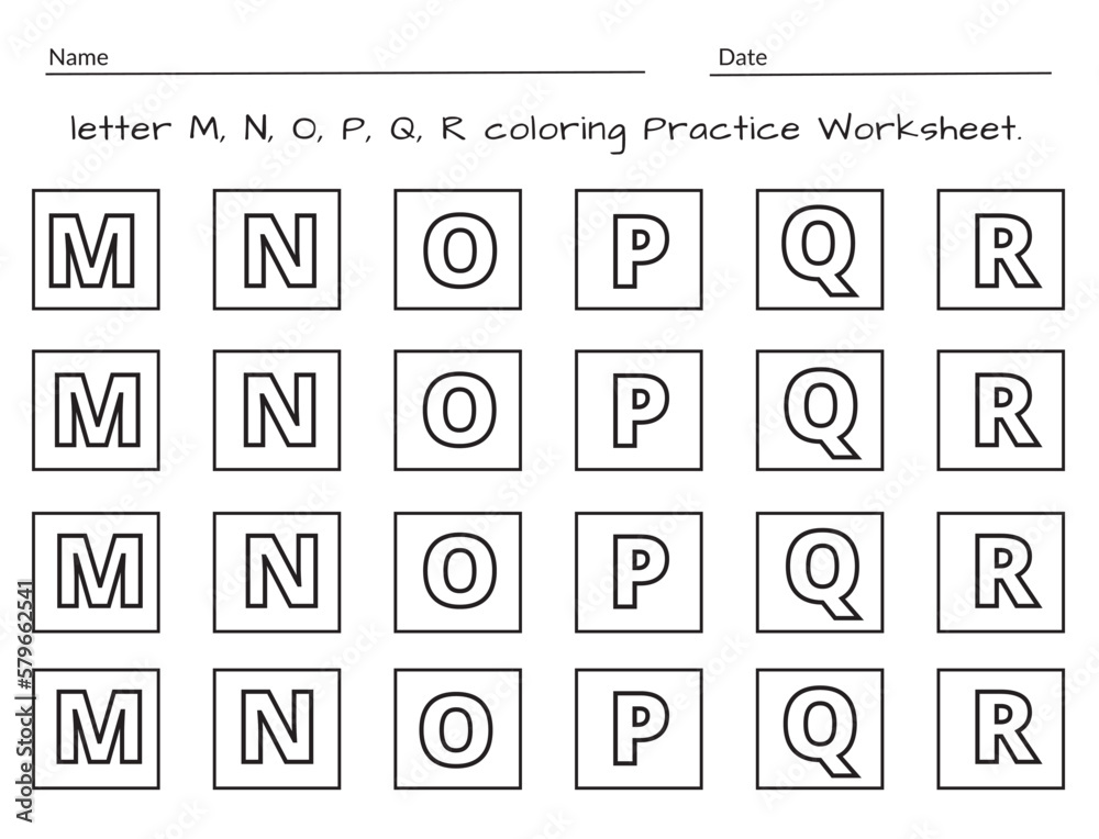 Worksheet for children. Color and count the letter M, N, O, P, Q, R ...