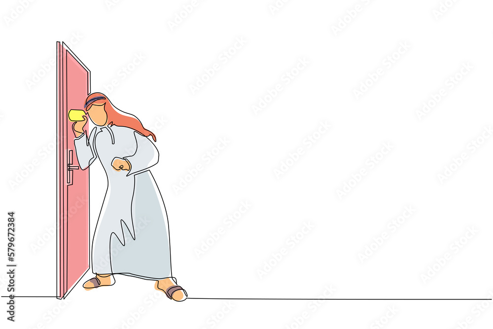 Single one line drawing Arabian man eavesdropping at the door. Curious ...