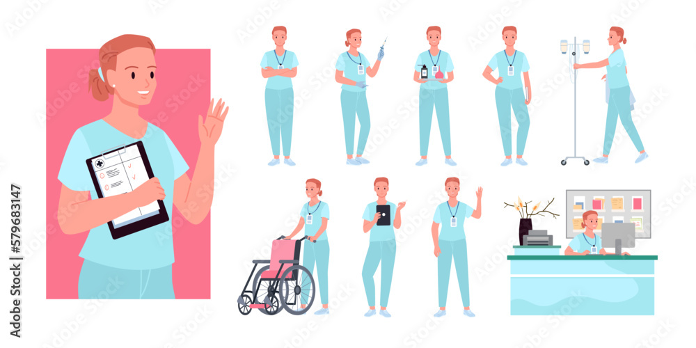 Nurse characters gestures and poses set vector illustration. Cartoon ...