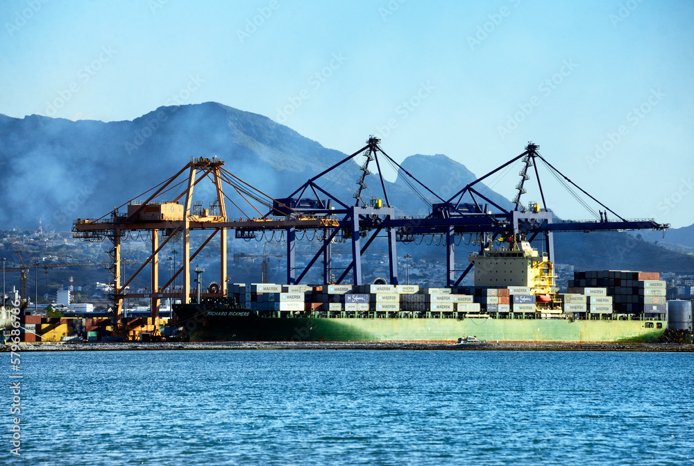 Africa, Mauritius, Port Louis Harbor, container terminal, uploading of ...