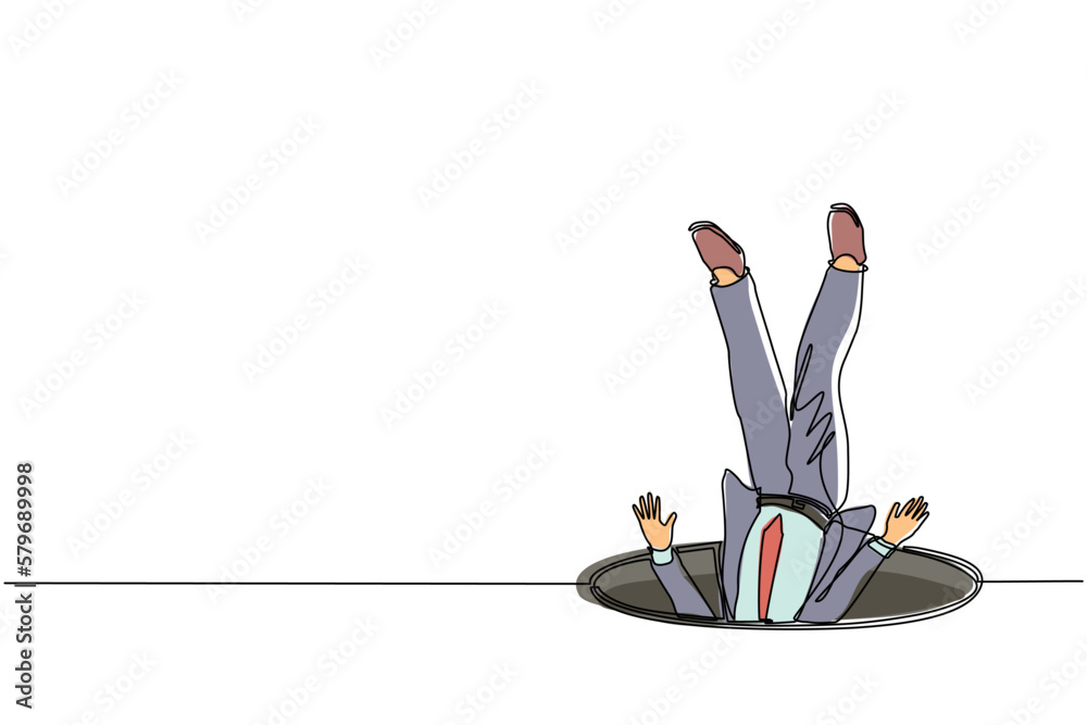 Continuous one line drawing businessman falling into pit hole. Legs up ...