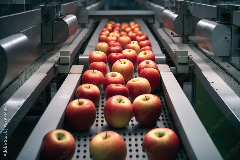 Apples in a food processing facility, clean and fresh, ready for ...
