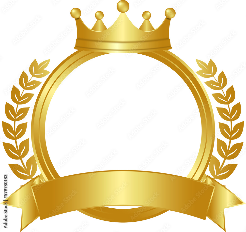 Gold crown, laurel wreath and circle frame. Winner sign with golden ...