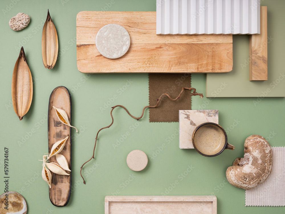 Stock-Foto „Stylish flat lay composition in green and brown color ...