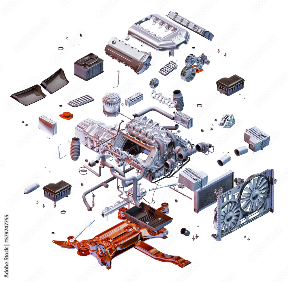 Car engine details isolated transparent background. Motor exploded view. Auto spare parts ...