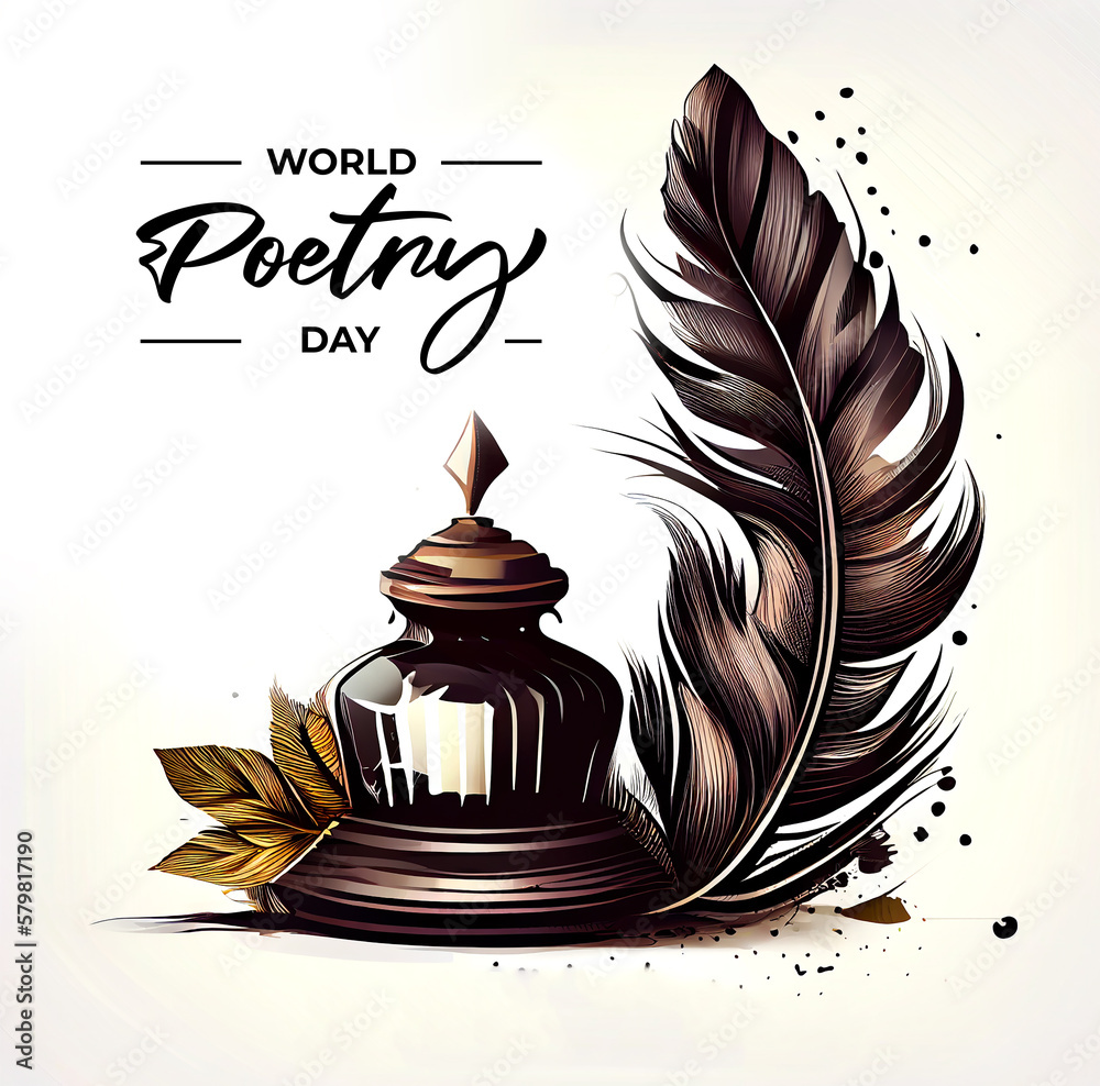 World Poetry Day, March 21. Art illustration of inkwell and feather ...