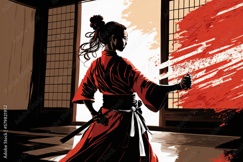 A martial artist exudes fierce determination in this striking red ...