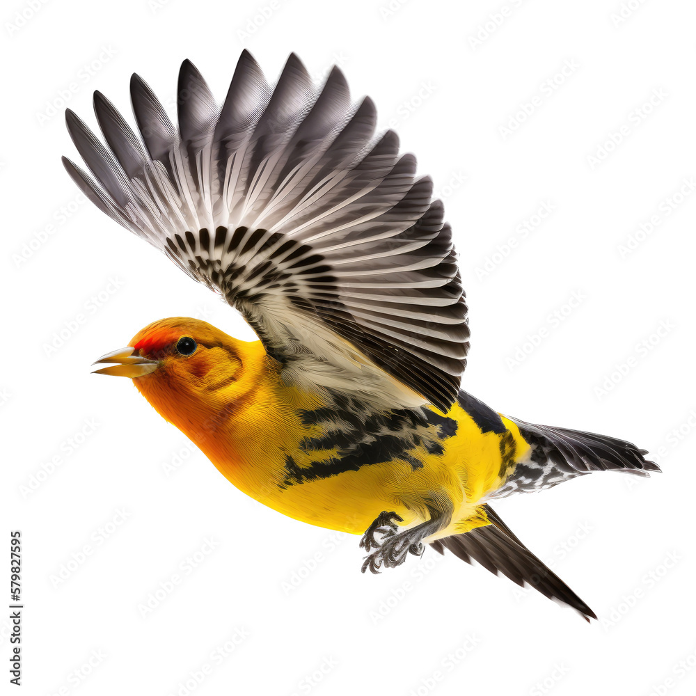 isolated western tanager bird in flight, macro, png, transparent background, spring, summer ...