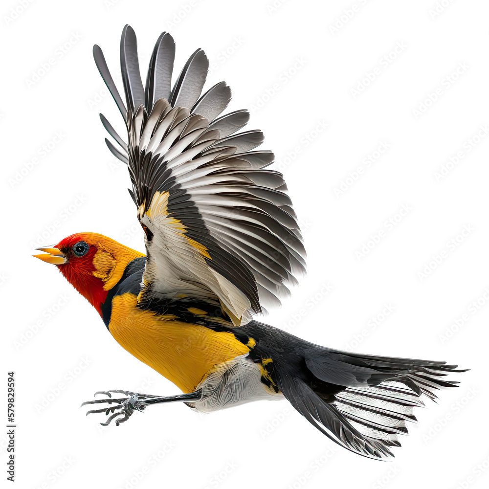 isolated western tanager bird in flight, macro, png, transparent background, spring, summer ...