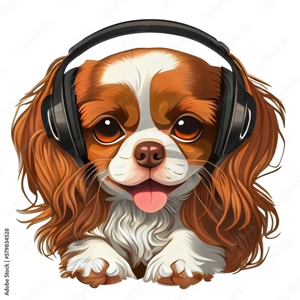 Illustration Stock Cavalier king charles spaniel with headphone, cute ...