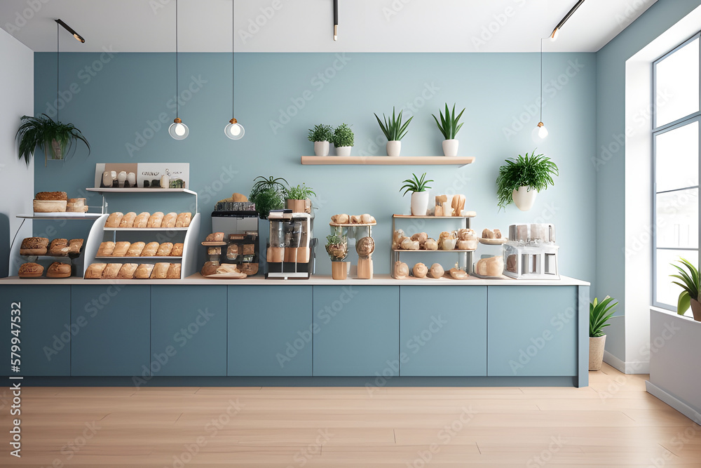 Realistic 3D render cafe interior design in pastel minimal style, Front ...