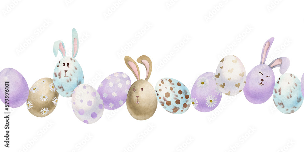 Watercolor hand drawn Easter celebration clipart. Seamless border with ...