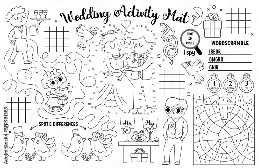 Vector wedding placemat for kids. Marriage ceremony printable activity ...