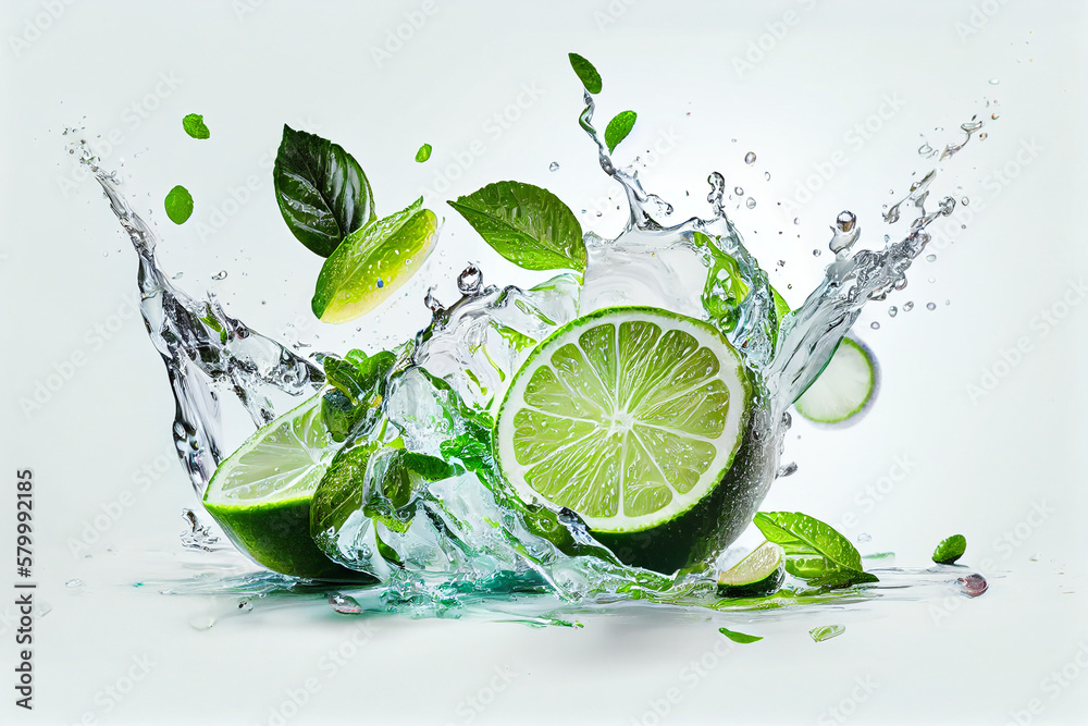 Water splash on white background with lime slices, mint leaves and ice cubes. generative ai ...