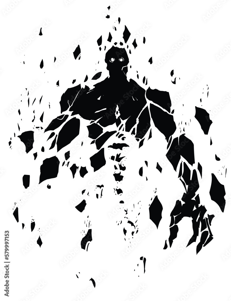 The black silhouette of a huge creepy golem gathering from stone ...