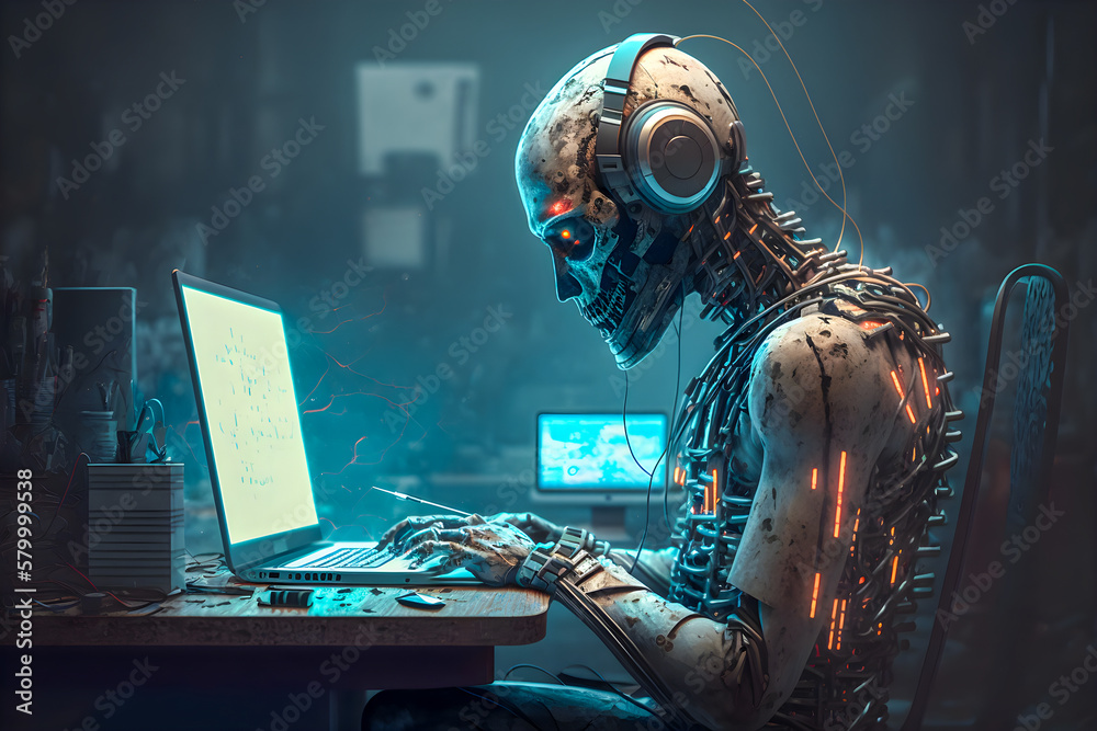 AI robot sitting under computer and writing prompts, controlling ...