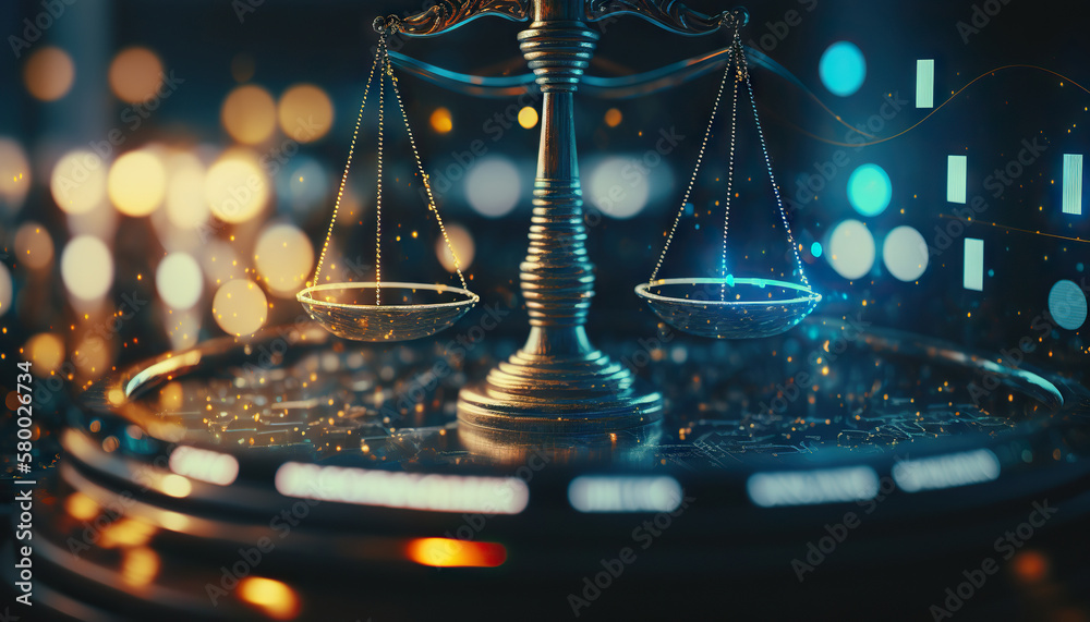 Law scales on background of data center. Digital law concept of duality ...