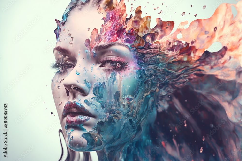 Wondrous illustration portrait woman with colorful iridescent exploding ...