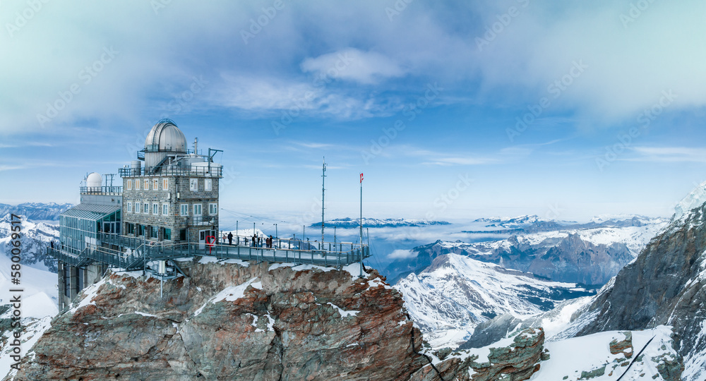 Aerial panorama view of the Sphinx Observatory on Jungfraujoch - Top of Europe, one of the ...