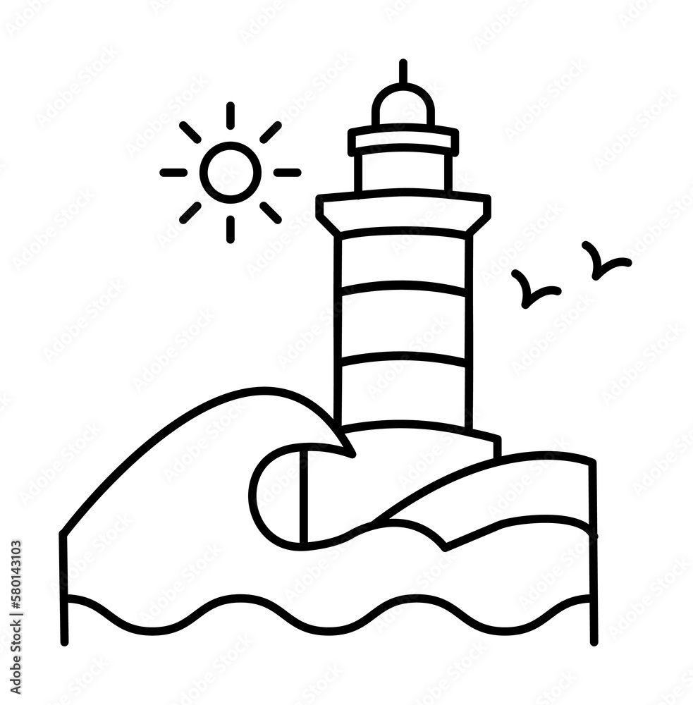 Lighthouse and waves line icon, outline sign, linear style pictogram ...