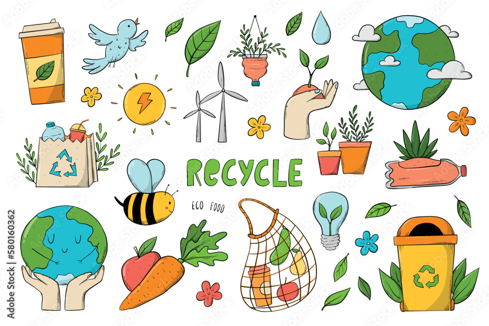 Set of Ecological Sustainability doodles, environment cartoon elements ...